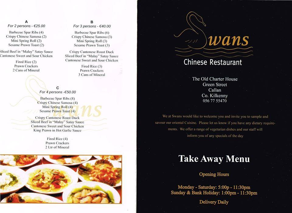 Menu at Swan's restaurant, Callan