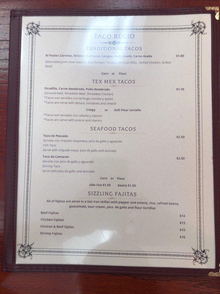 Menu at Taco Regio restaurant, Arlington, W Arkansas Ln #107A