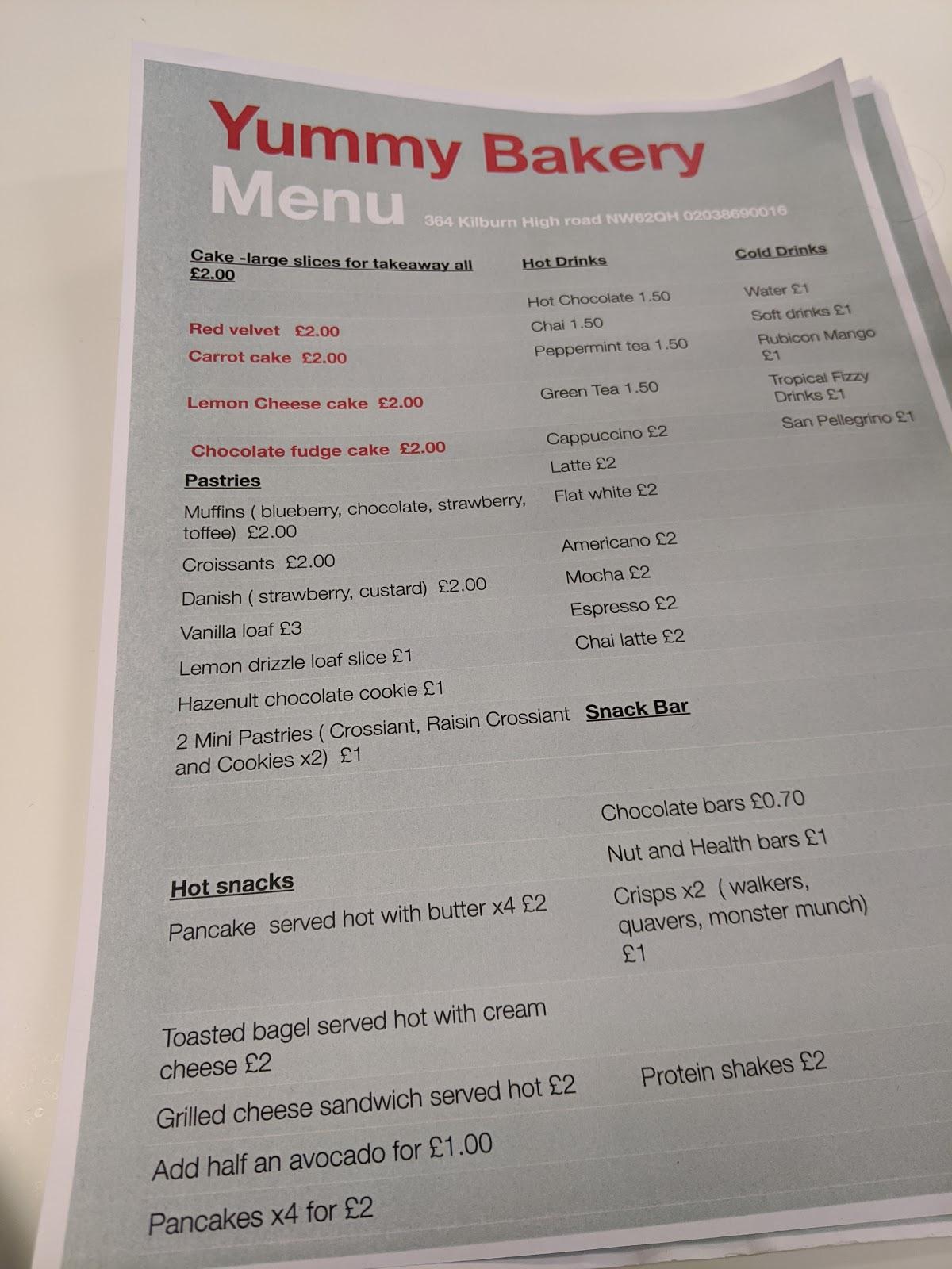 Menu at Yummy Bakery, London