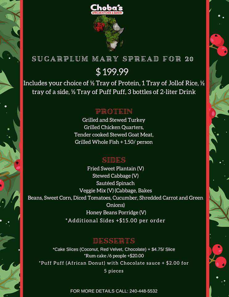 Menu at CHOBAS African Kitchen restaurant, Waldorf