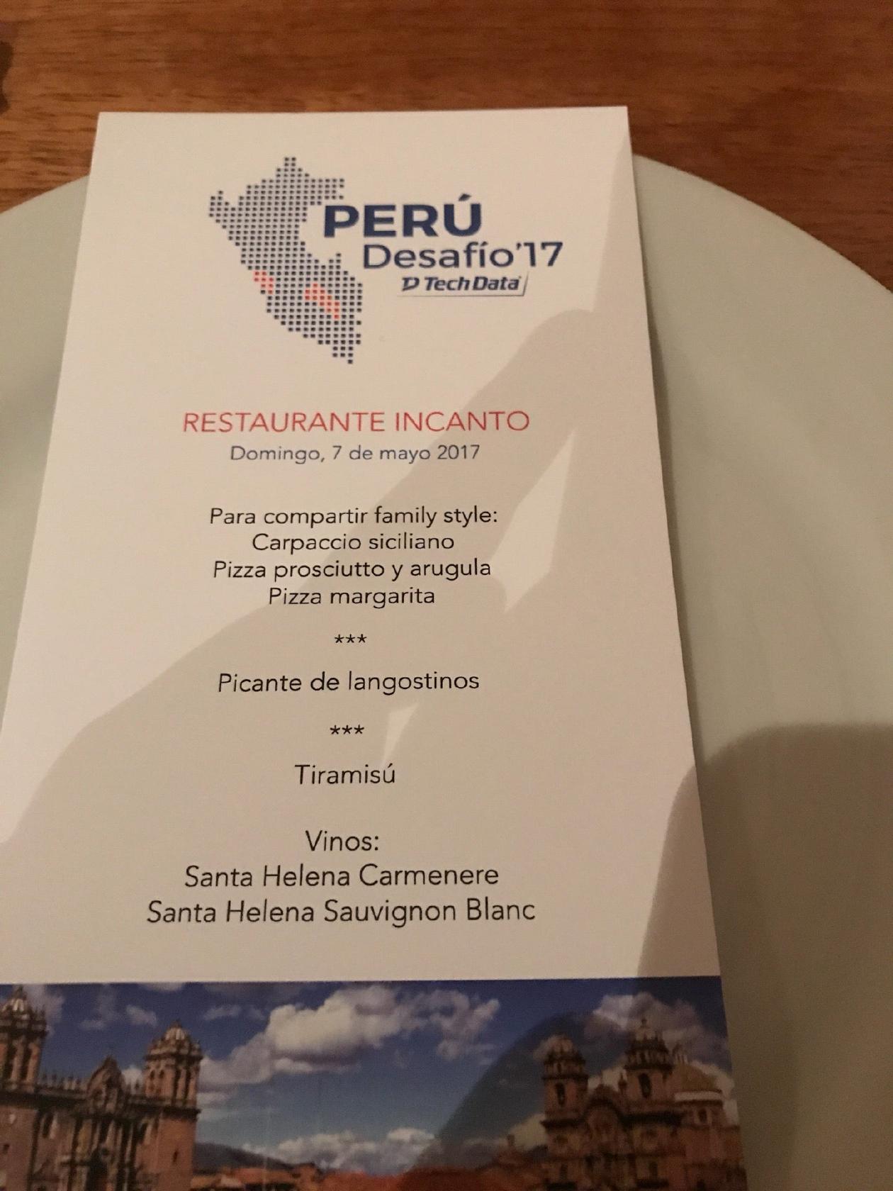 Carta del restaurante Incanto, Cusco