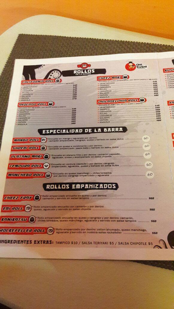 Menu at Oh! Sushi restaurant, Mexico City