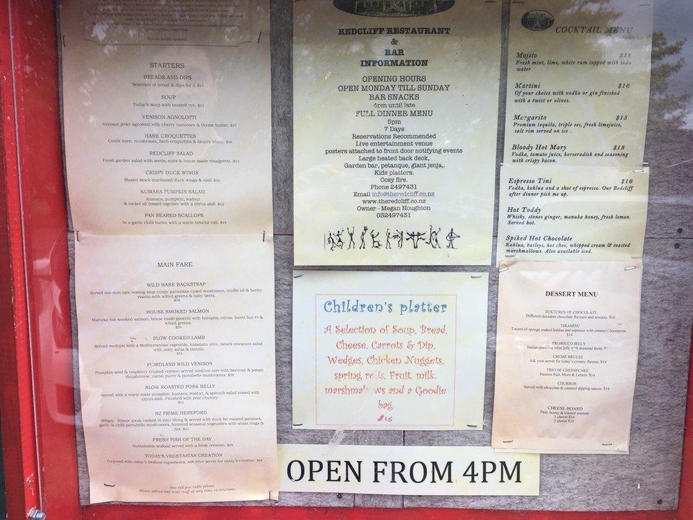 Carta de Redcliff Cafe, Te Anau