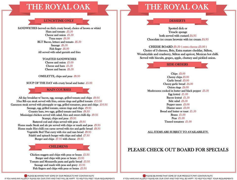 Menu at Royal Oak pub & bar, Crawley