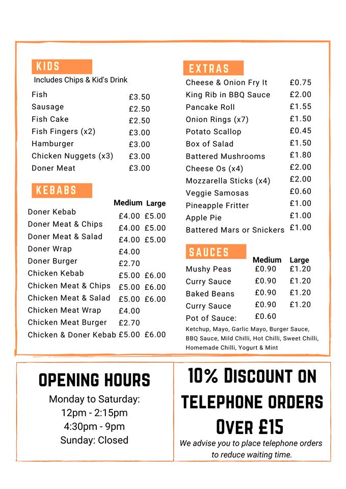 Menu at Walsoken Fish Bar, Wisbech