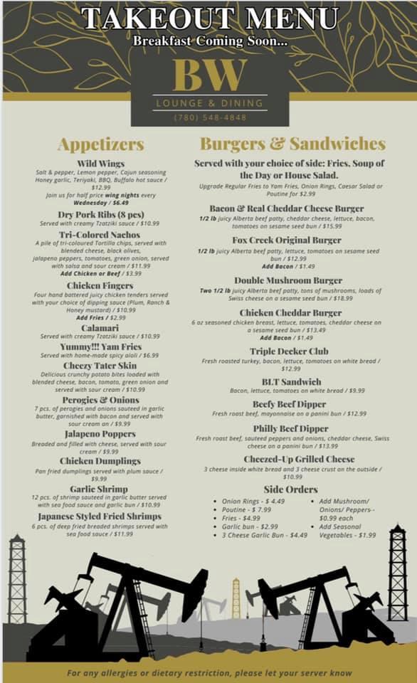 Menu at BW Lounge and Dining restaurant, Fox Creek
