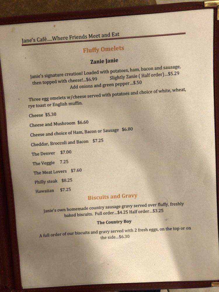 Menu at Jane's Cafe, Beloit