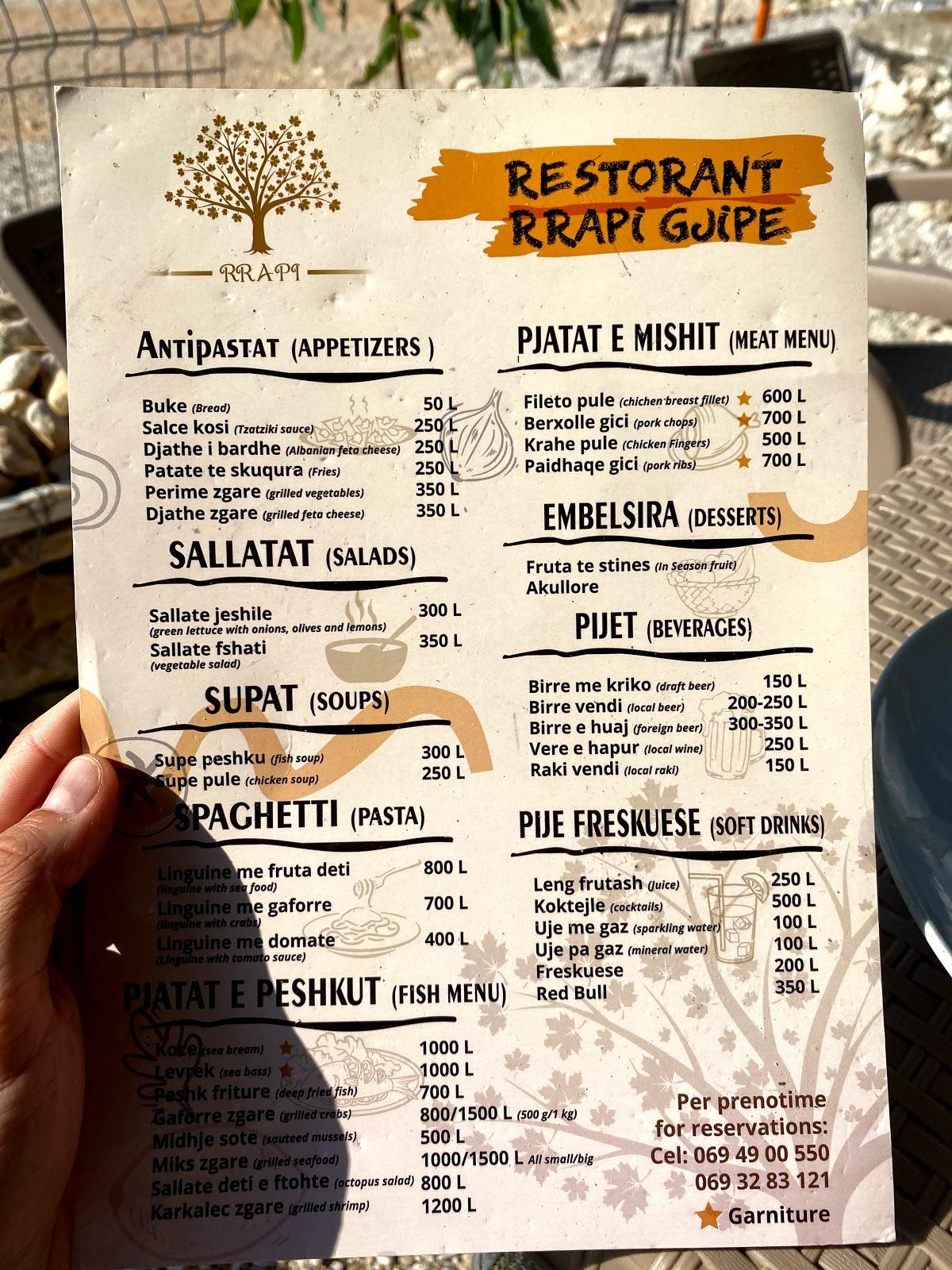 Menu at Restorant Rrapi Gjipe restaurant, Albania