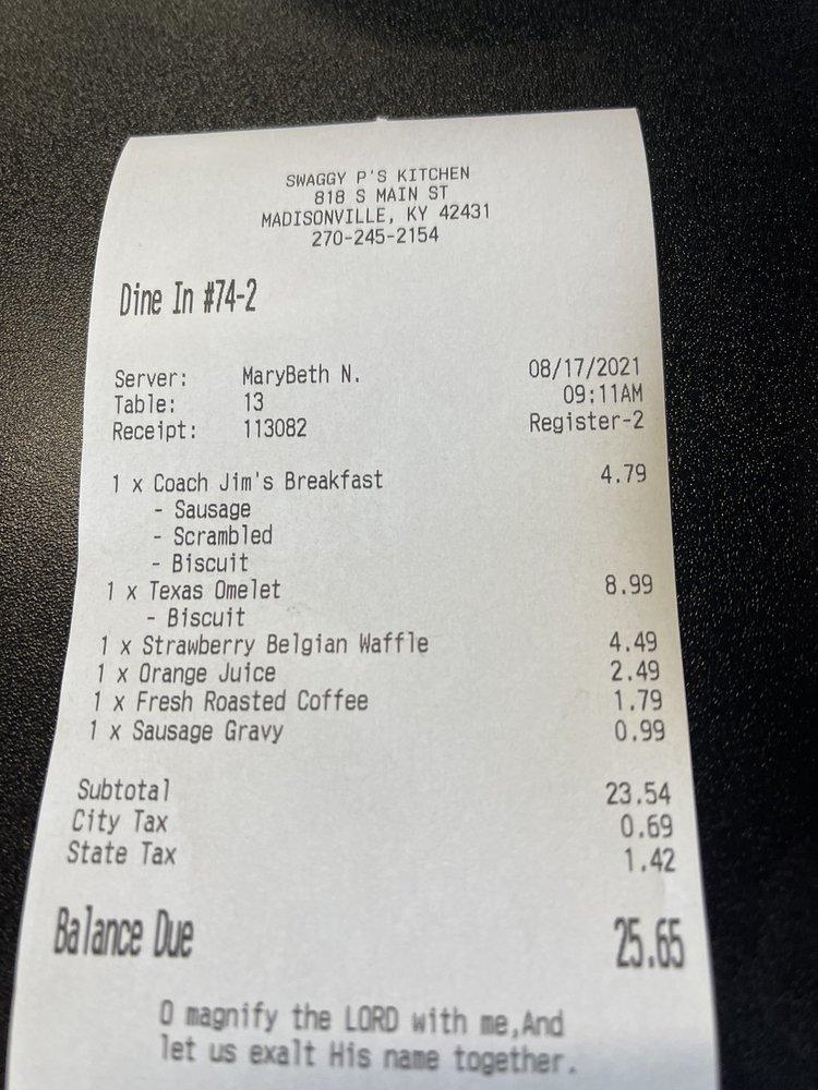 Menu at Swaggy P's Kitchen and Coffee Bar, Madisonville