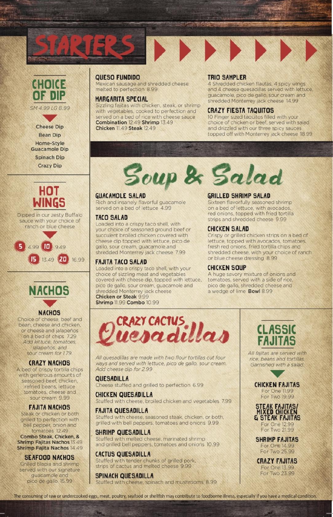 Menu at Crazy Cactus restaurant, Olive Branch