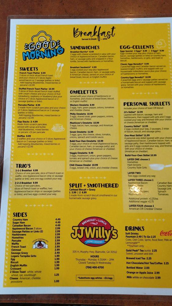 Menu at JJ Willy's Breakfast & Lunch restaurant, Blairsville