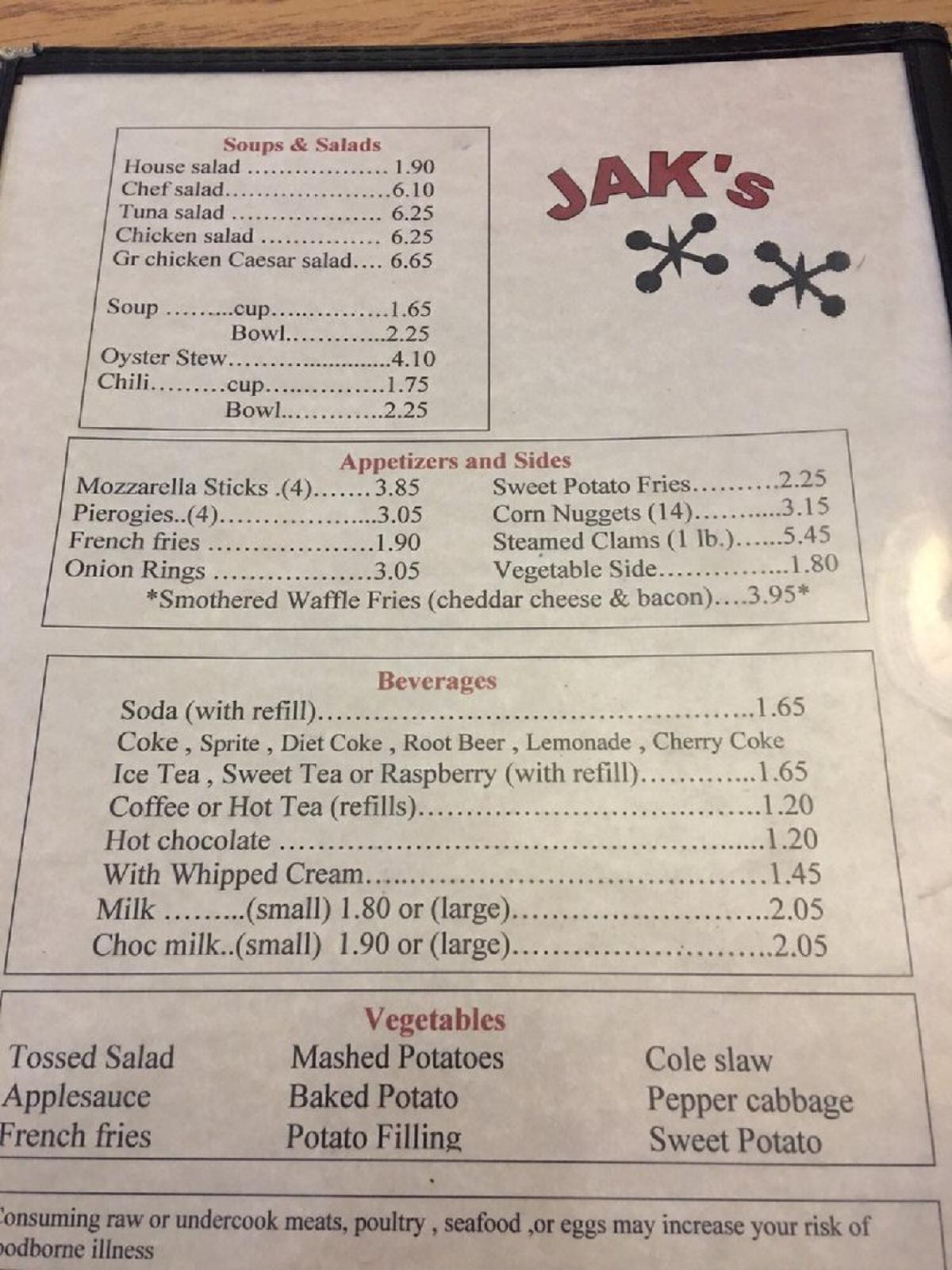 Menu at Jak's Downtown Diner restaurant, Topton