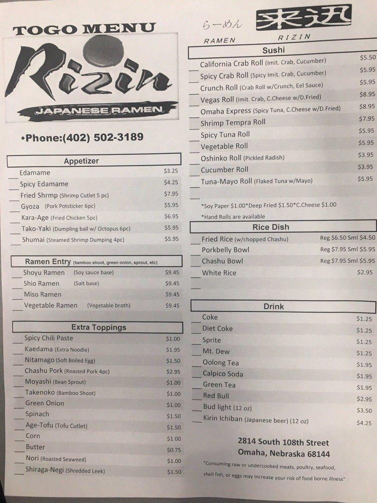Menu at Rizin Japanese Ramen (来迅 ライジン) restaurant, Omaha