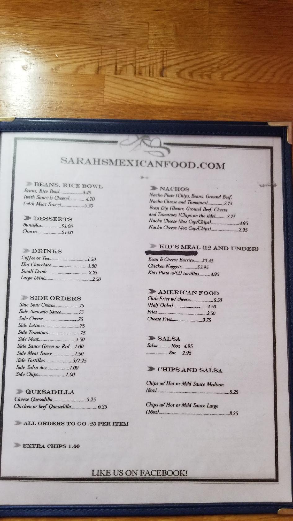 Menu at Sarah's Mexican Food restaurant, Billings