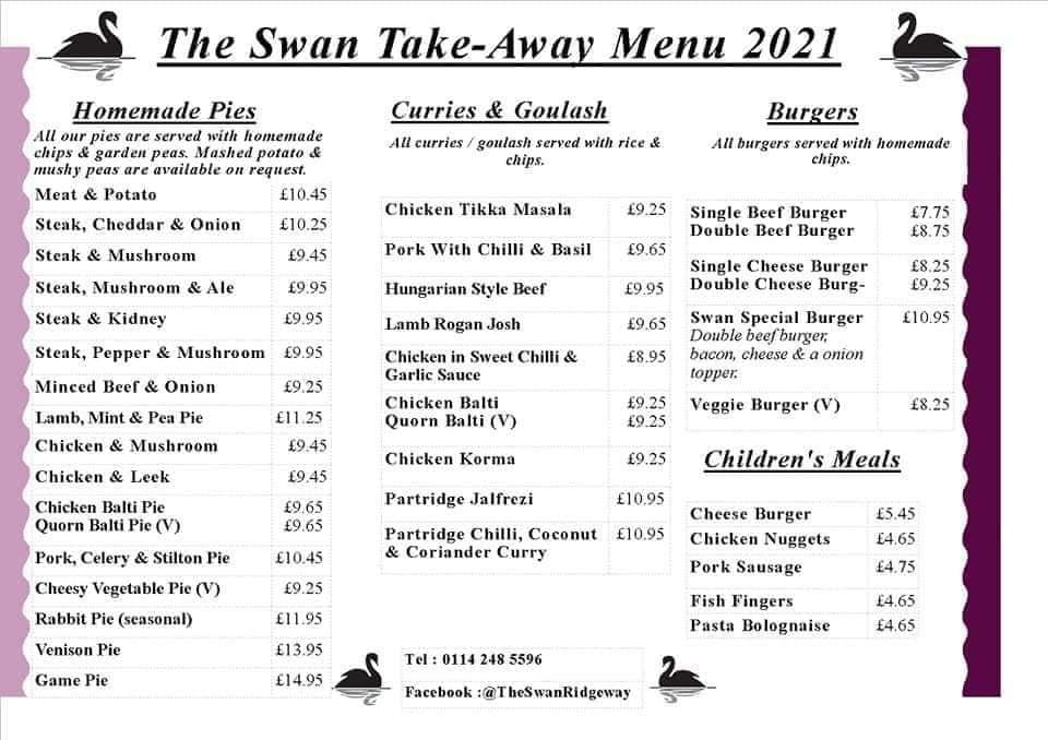 Menu at Swan Inn pub & bar, Sheffield, 16 Main Rd
