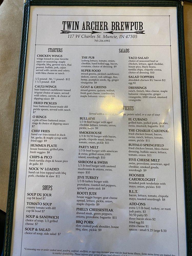 Menu at Twin Archer Brewpub, Muncie