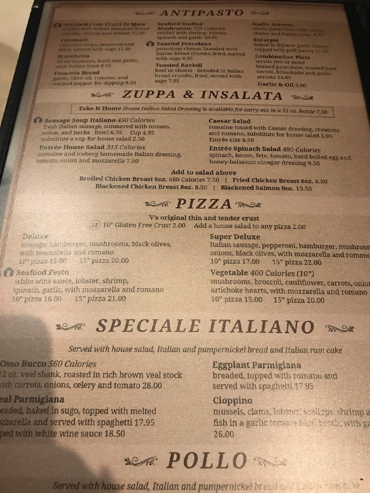 Menu at V's Italiano Ristorante restaurant, Independence