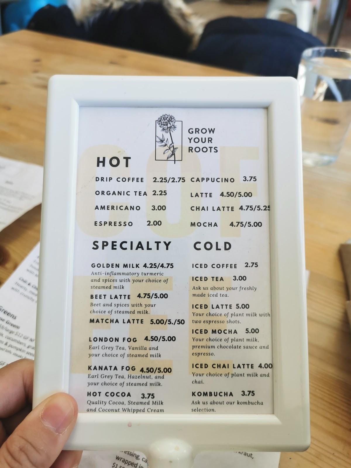 Menu at Grow Your Roots Cafe, Ottawa