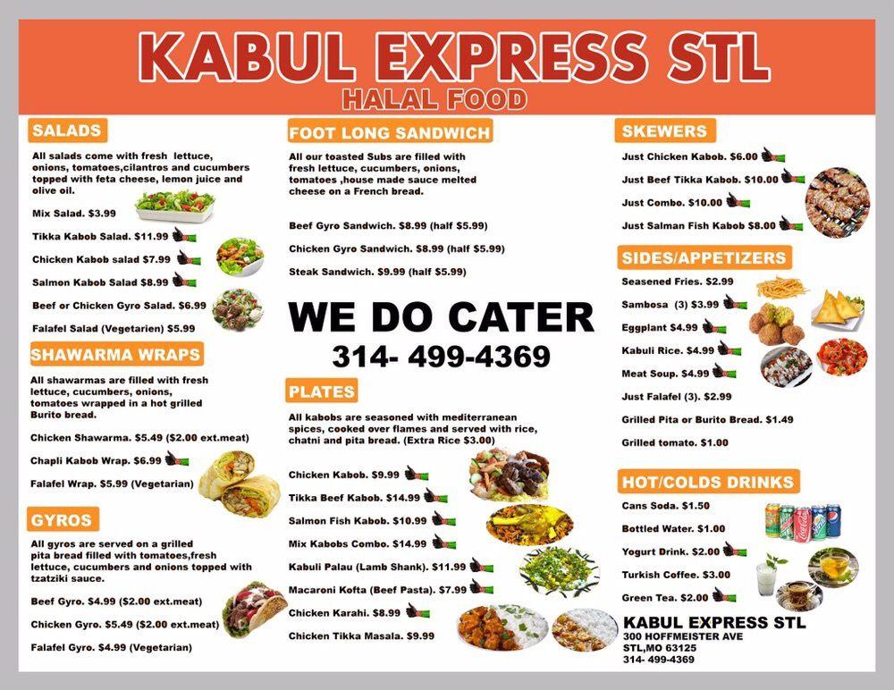 Menu at Kabul Express STL restaurant, Lemay