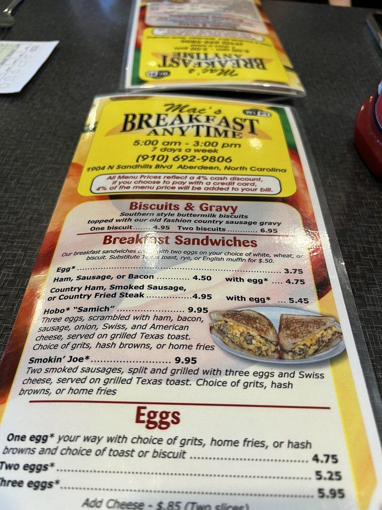 Menu at Mac's Breakfast Anytime restaurant, Aberdeen, N Sandhills Blvd