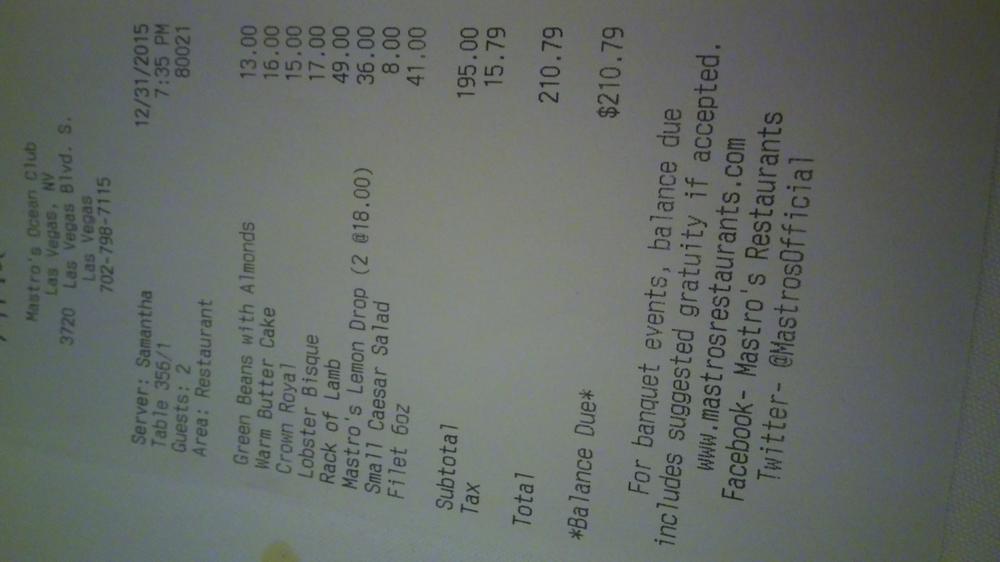 Menu at Mastro's Ocean Club, Las Vegas