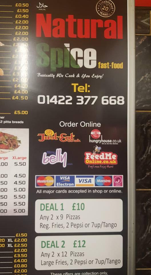 Menu at Natural Spice fast food, Elland