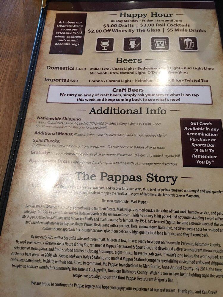 Menu at Pappas Restaurant and Sports Bar, Cockeysville
