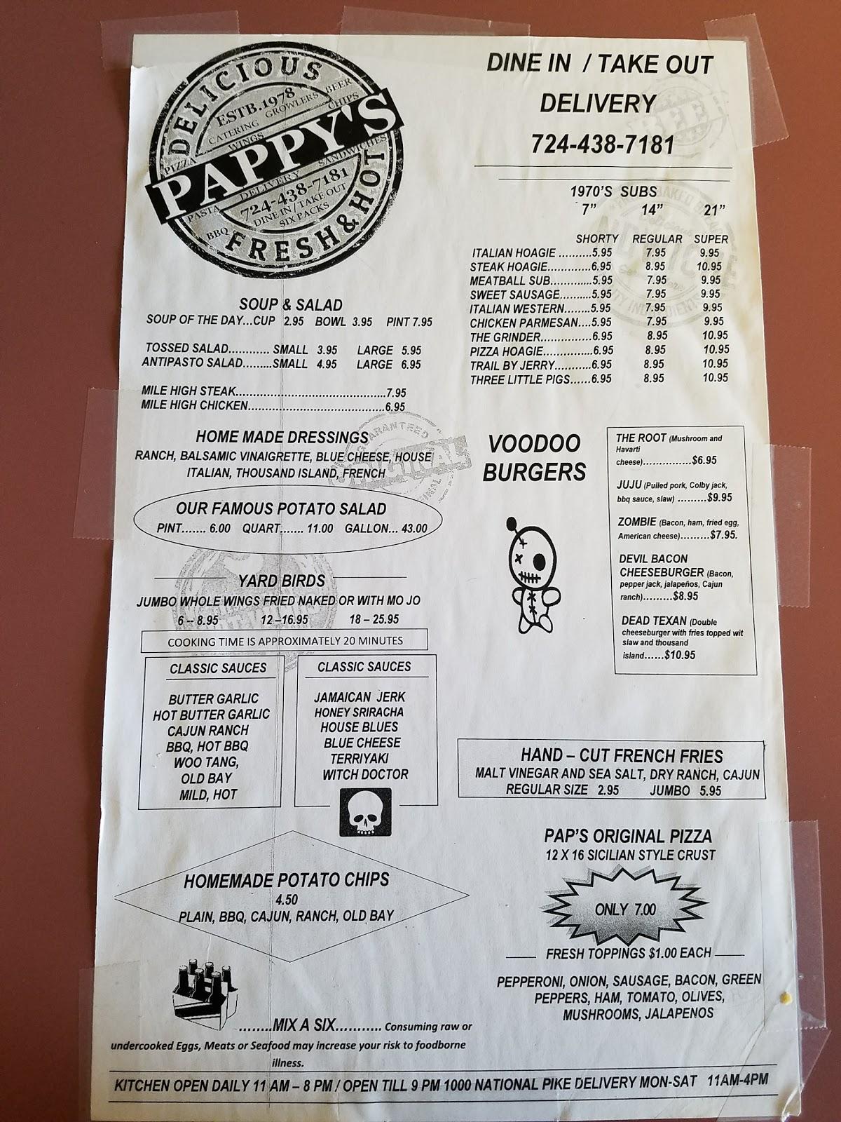 Menu at Pappy’s pizzeria, Uniontown