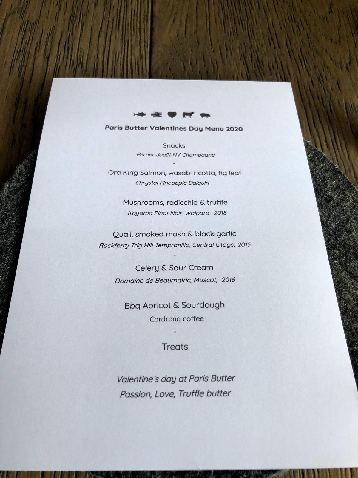 Menu at Paris Butter restaurant, Auckland