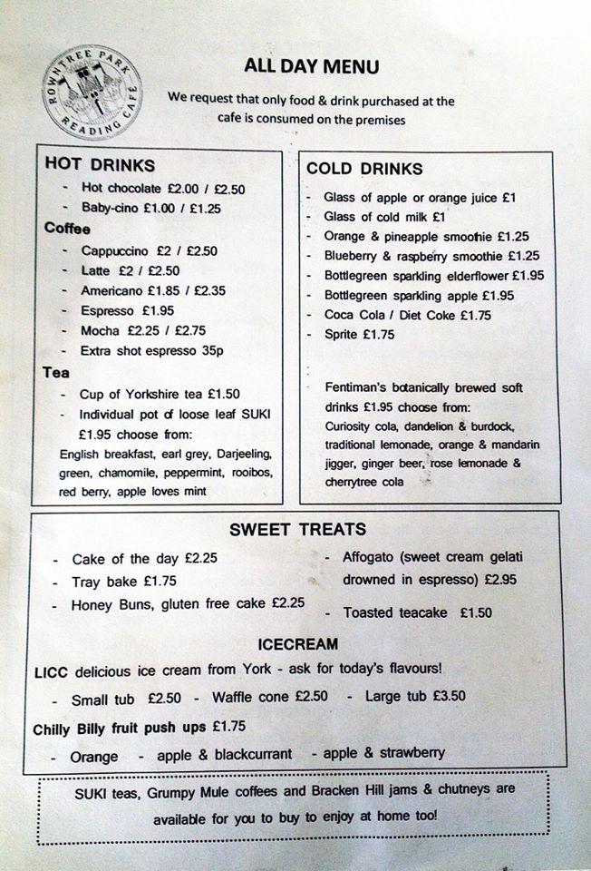 Menu at Rowntree Park Reading Cafe, York
