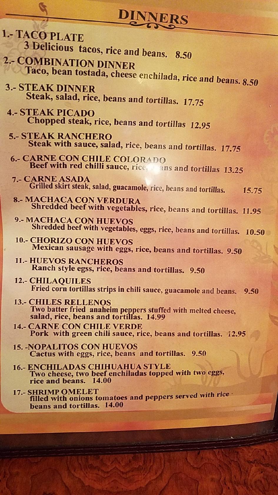 Menu at Sobe's restaurant, El Centro