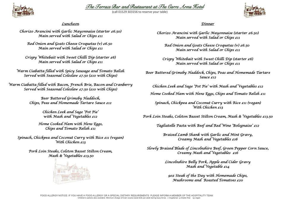 Menu at The Carre Arms Hotel and Restaurant, Sleaford