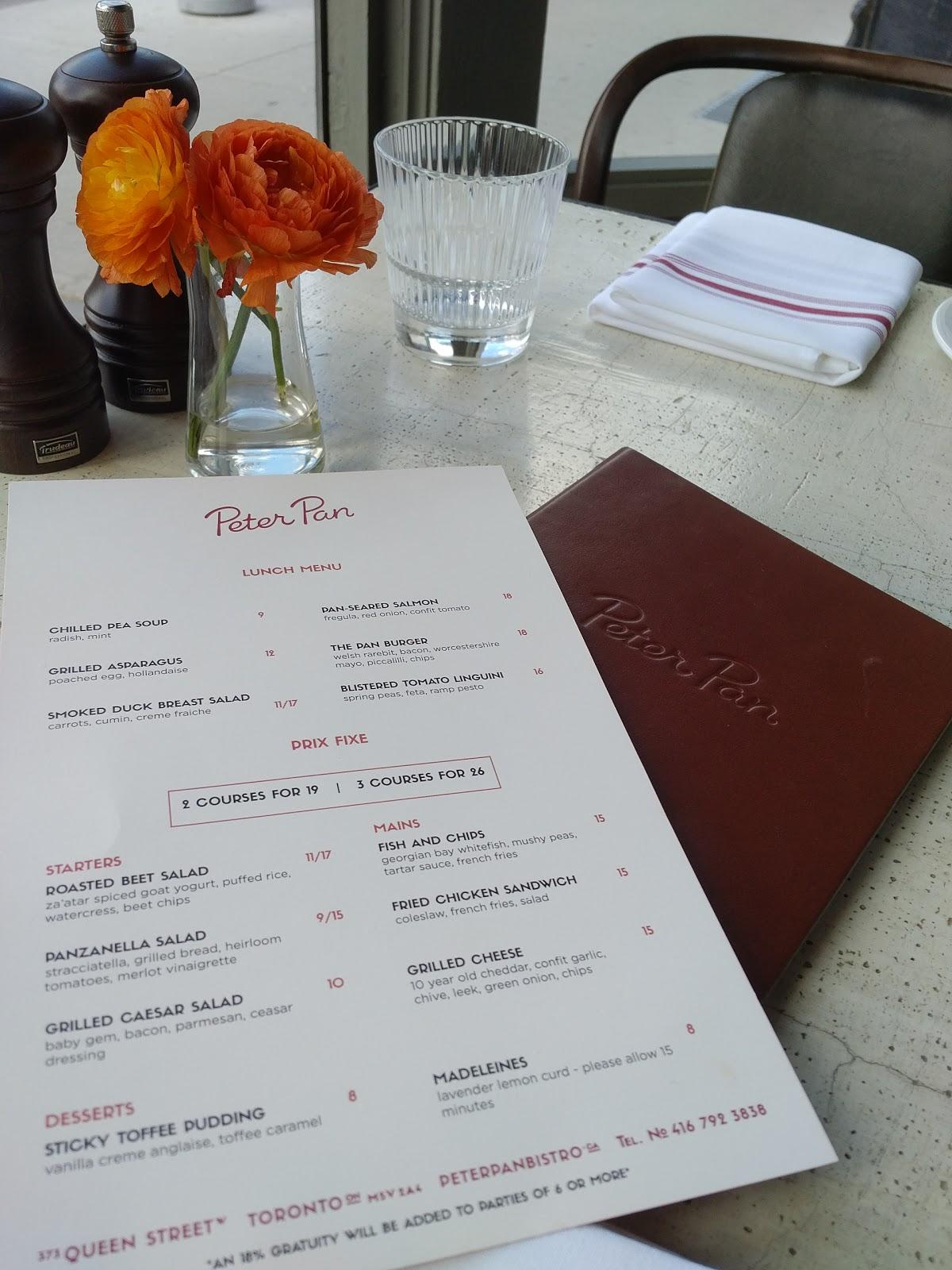 Menu at Peter Pan Bistro restaurant, Toronto