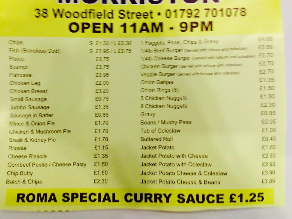 Menu at Roma Fish Bar, Morriston, 38 Woodfield Street