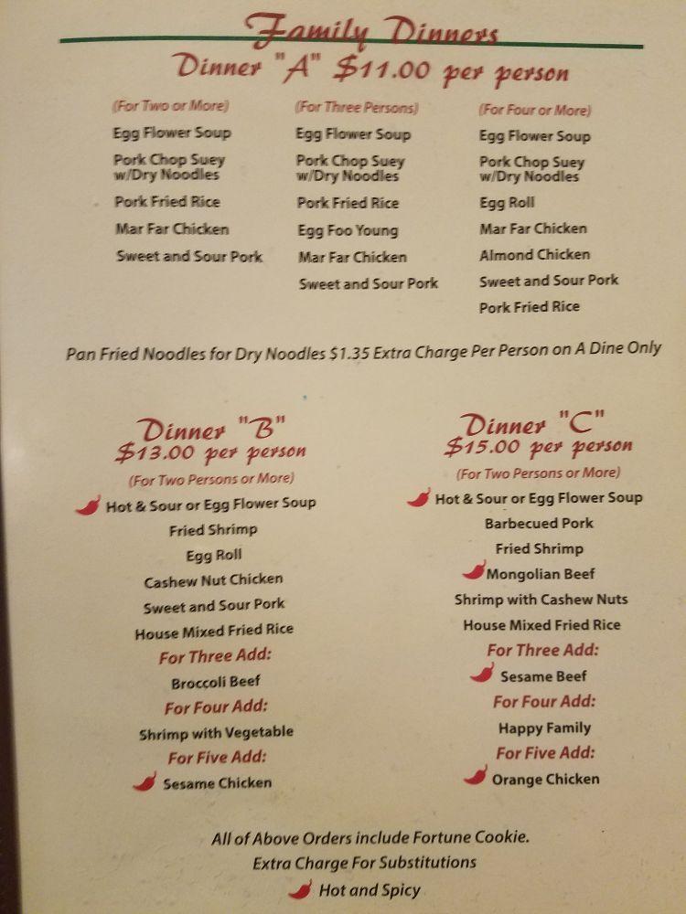 Menu at Sunflower Chinese Restaurant, Mount Shasta