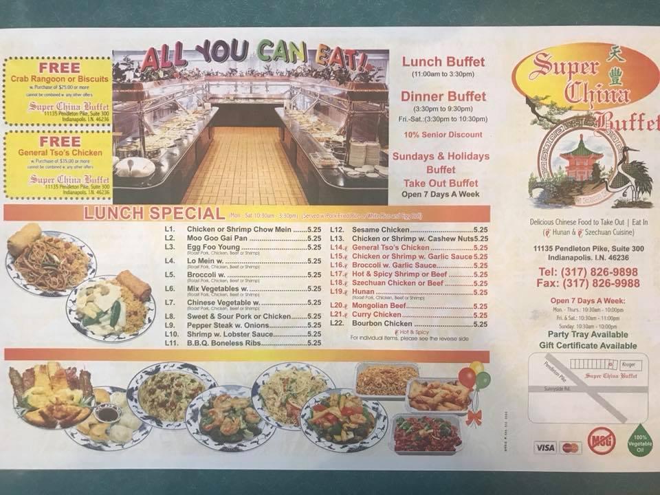 Menu at Super China Buffet restaurant, Indianapolis, Pendleton Pike ...