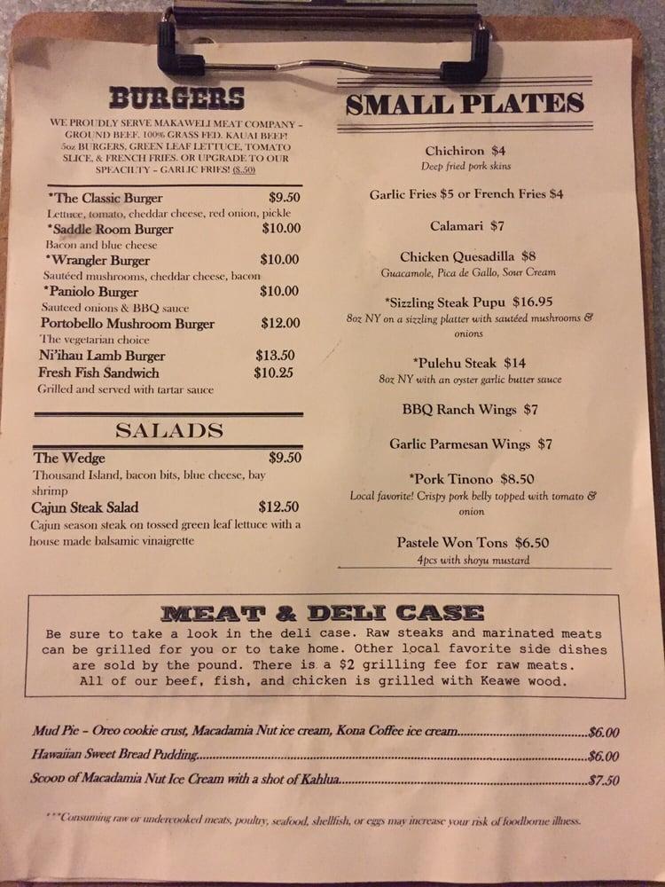 Menu at The Saddle Room pub & bar, Waimea, Kaumualii Hwy