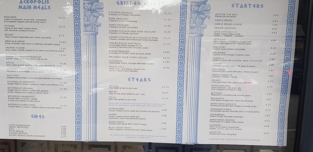 Menu at Acropolis Greek Taverna restaurant, Oxford