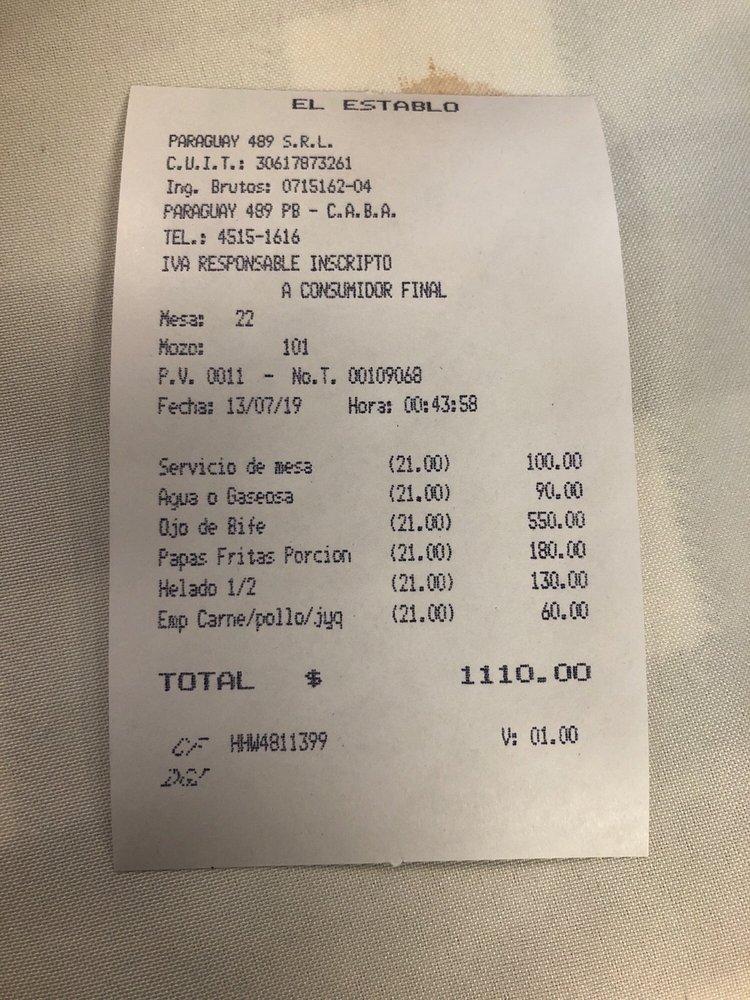 Menu at El Establo steakhouse, Buenos Aires, Paraguay 489