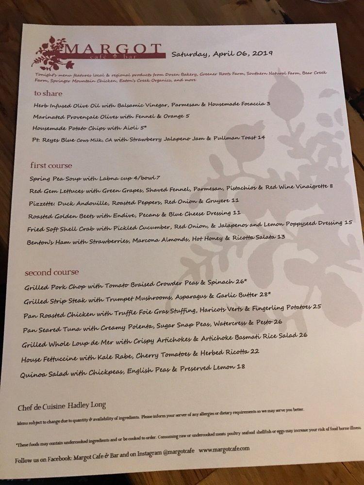 Menu at Margot Cafe & Bar, Nashville