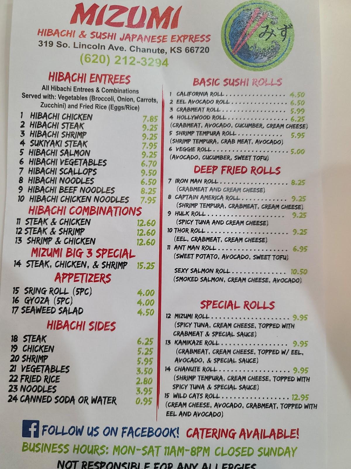 Menu at Mizumi Hibachi Truck restaurant, Chanute