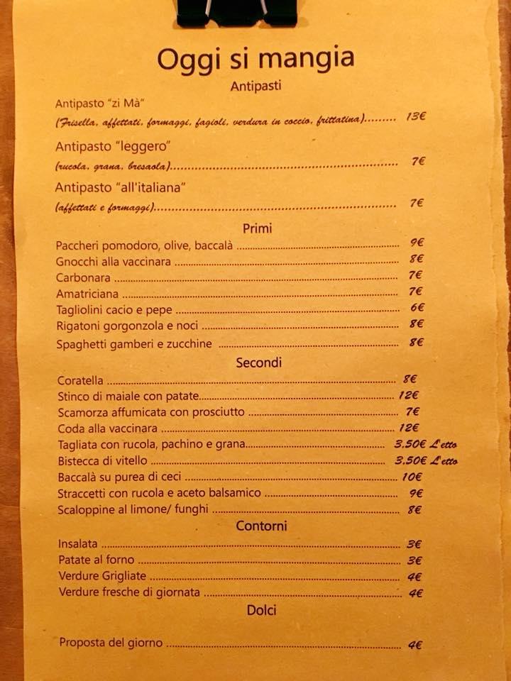 Menu at Osteria da Zi Ma restaurant, Cervaro