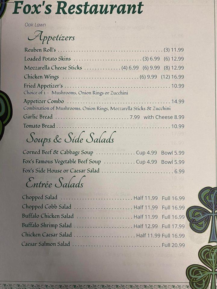 Menu at Fox's Restaurant & Pub, Oak Lawn, S Cicero Ave