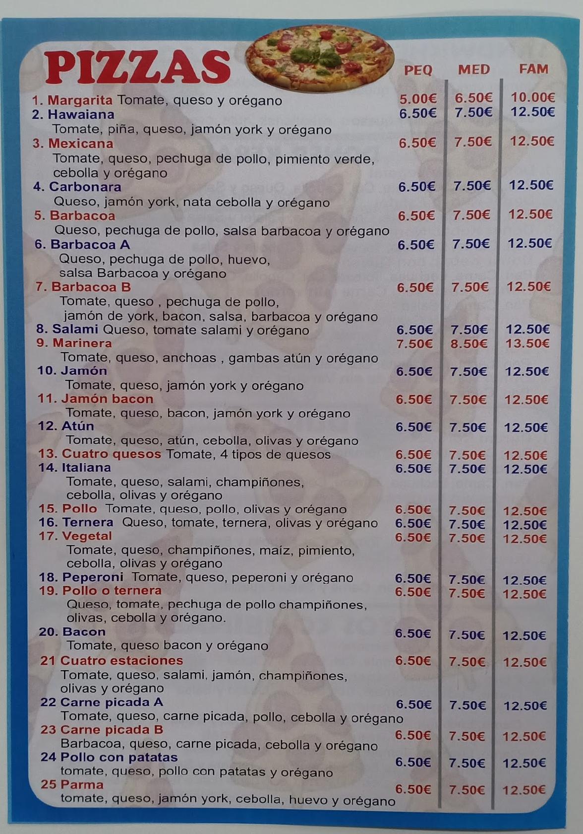 Carta de Hadi Kebab - Pizzeria, Nules