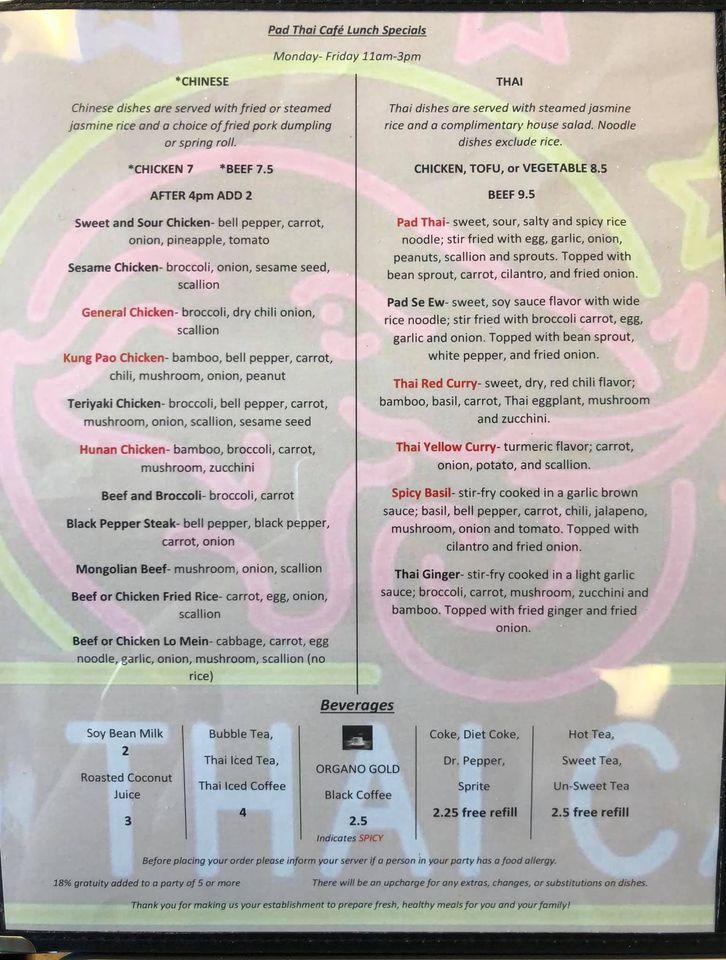 Menu at Pad Thai Cafe, Murfreesboro