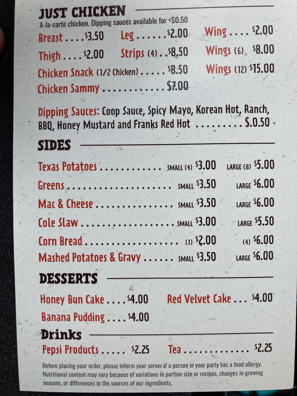 Menu at The Crispy Coop restaurant, Pickerington
