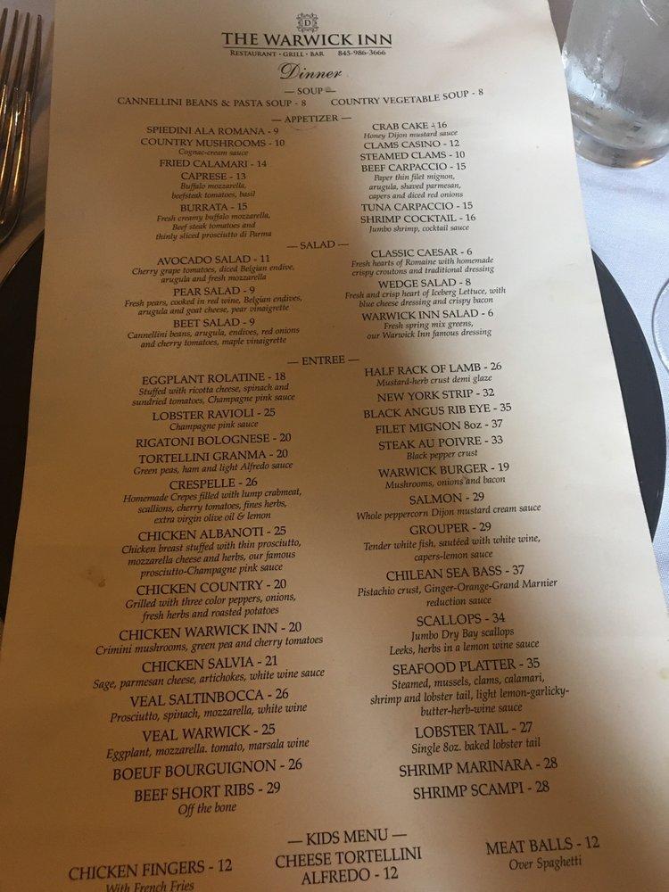 Menu at The Warwick Inn restaurant, Warwick