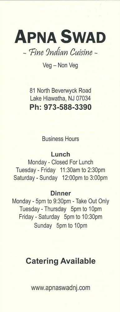 Menu at Apna Swad restaurant, Parsippany-Troy Hills