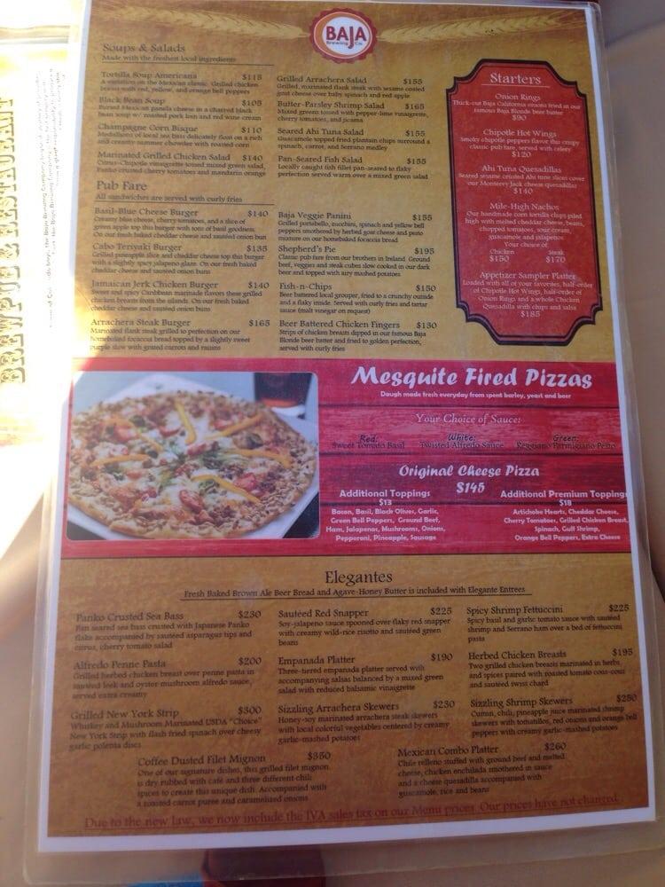 Menu at Baja Brewing pub & bar, Cabo San Lucas, Cabo Villas Resort