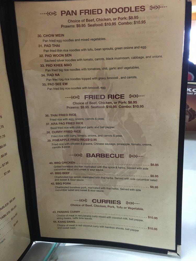 Menu at Bangkok Thai Restaurant, Merced